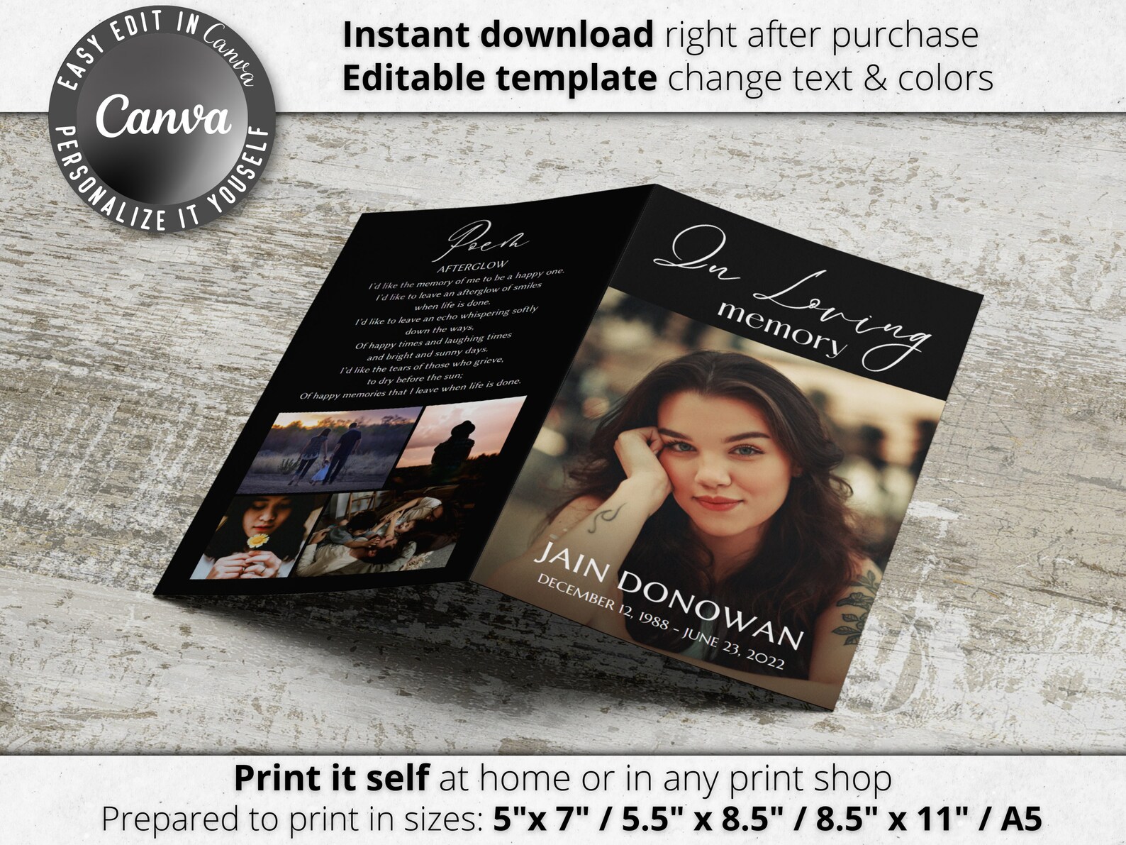 In Loving Memory Funeral Bi-fold Brochure Template, to Self Edit and ...
