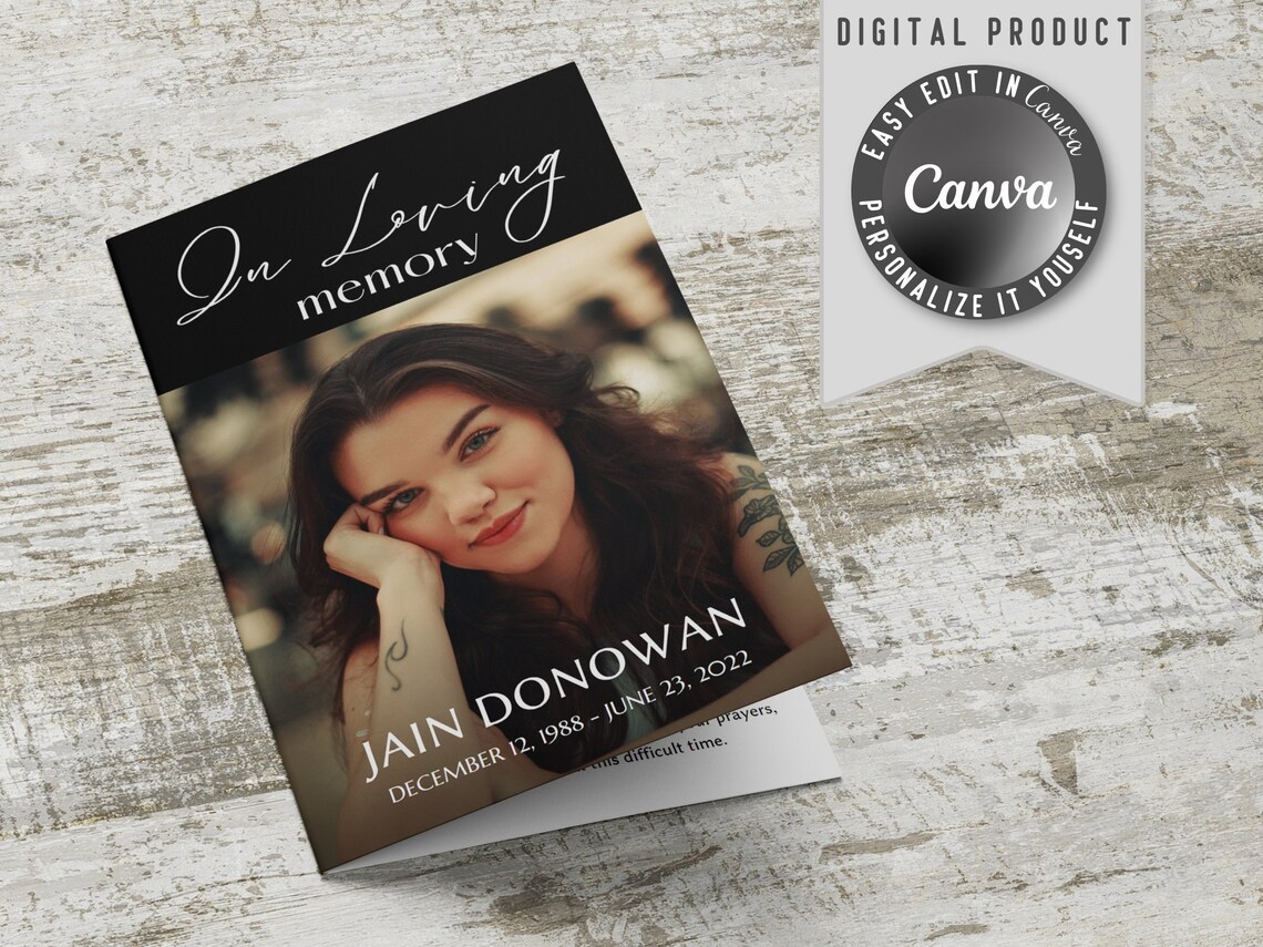 In Loving Memory Funeral Bi-fold Brochure Template, to Self Edit and ...