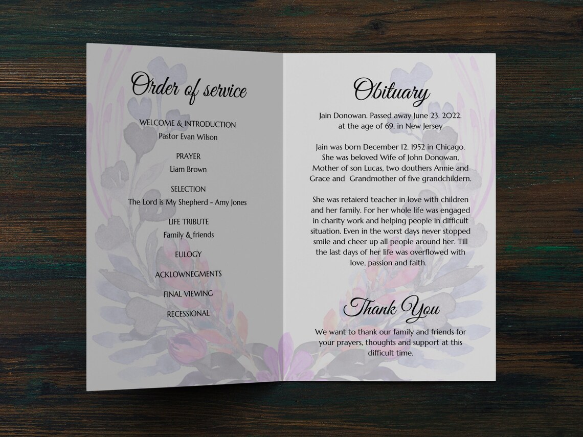 Funeral Program Template, Self Editable and Easy to Print at Home. Half ...