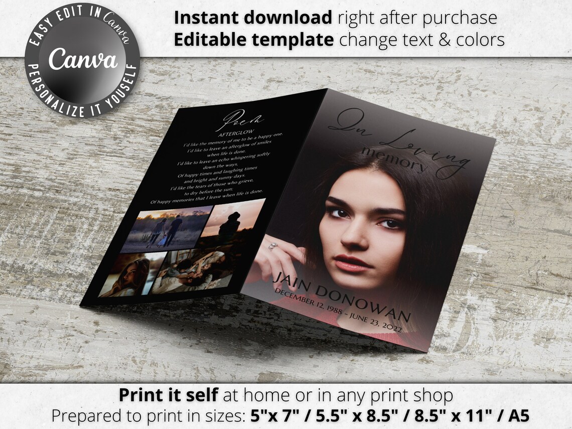 In Loving Memory Funeral Bi-fold Booklet Template, to Self Edit and ...
