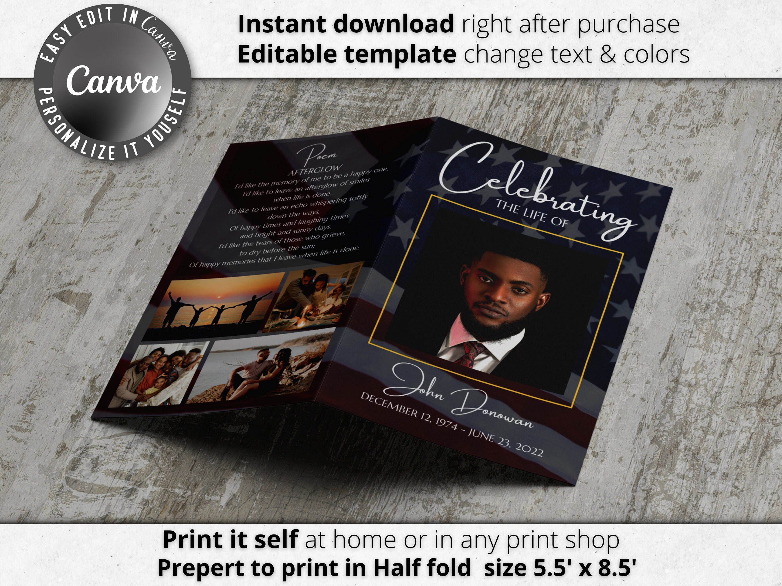 Funeral Program Template, Self Editable and Easy to Print at Home. Half ...