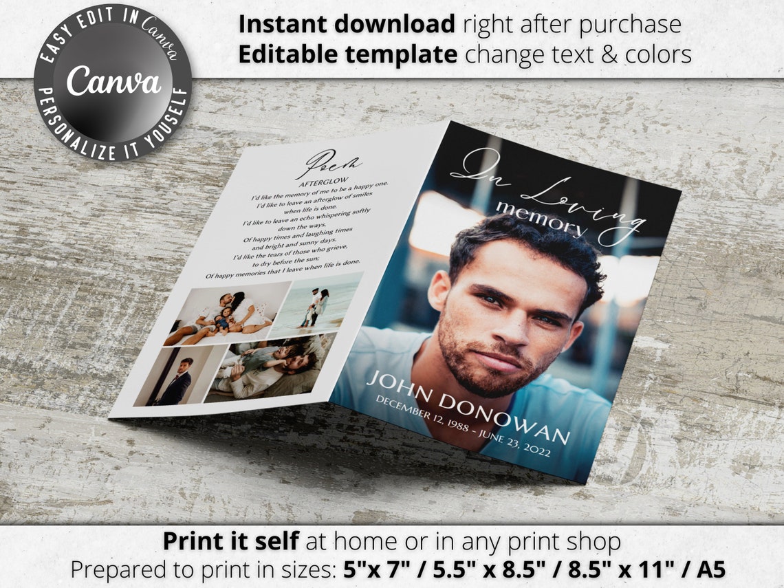 In Loving Memory Funeral Bi-fold Program Template, to Self Edit and ...