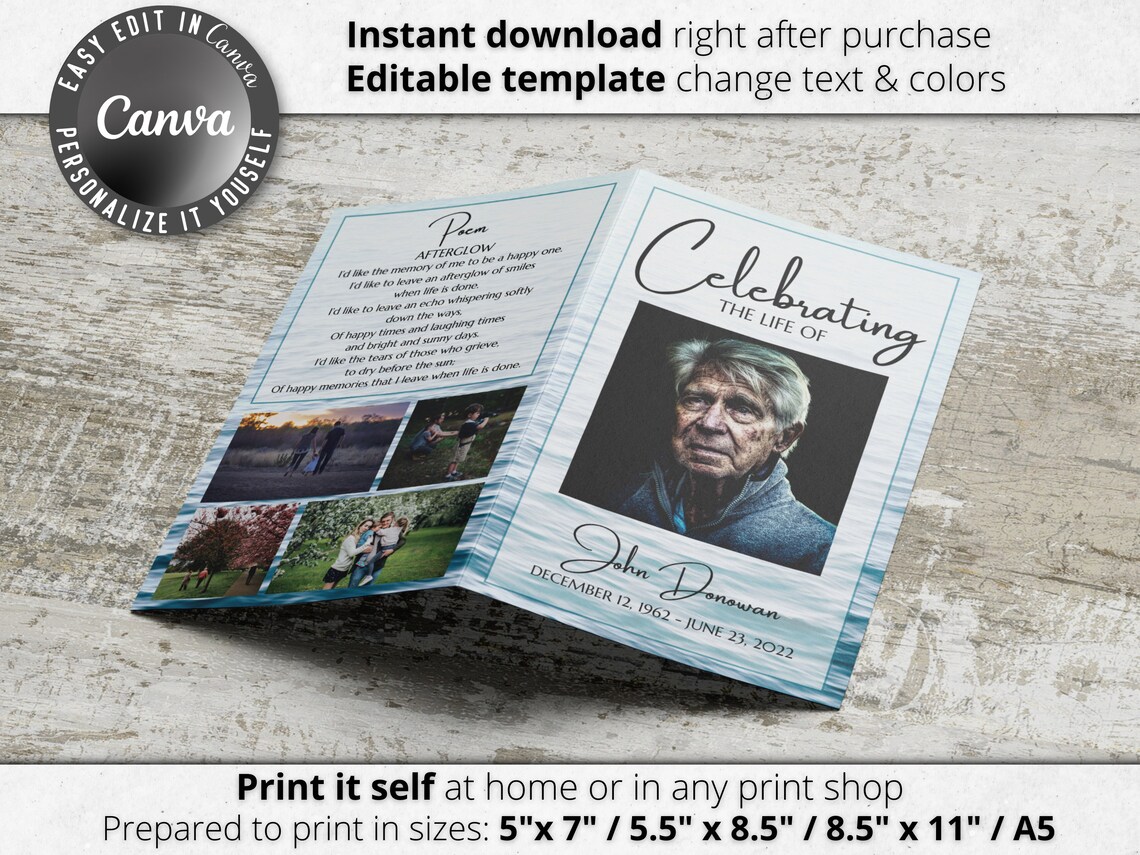Funeral Program Template, Self Editable and Easy to Print at Home. Half ...