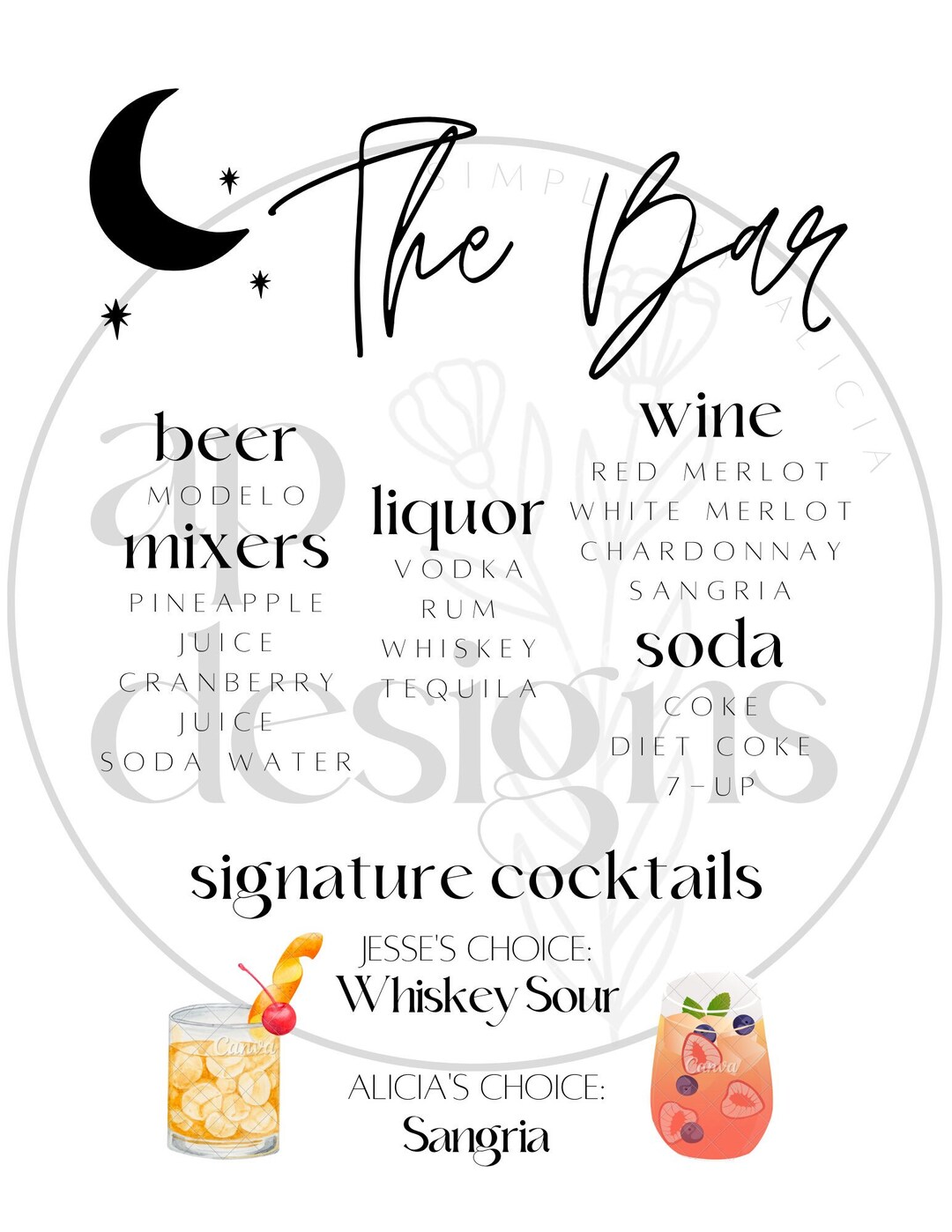 Bar Menu Template, Bar Printout, Celestial Theme, Star and Moon ...