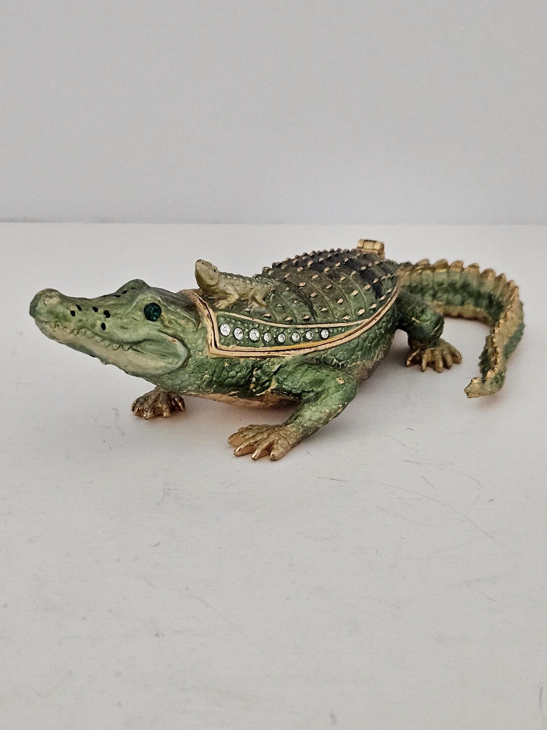 Enameled Green Alligator With Baby Trinket Box Accented With Austrian ...