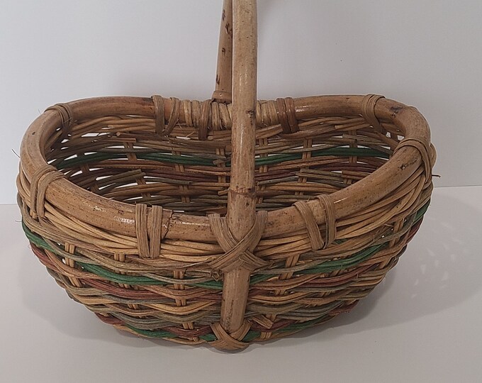 Oval Rustic Farmhouse Basket With Handle Red Green Woven Pattern - Etsy