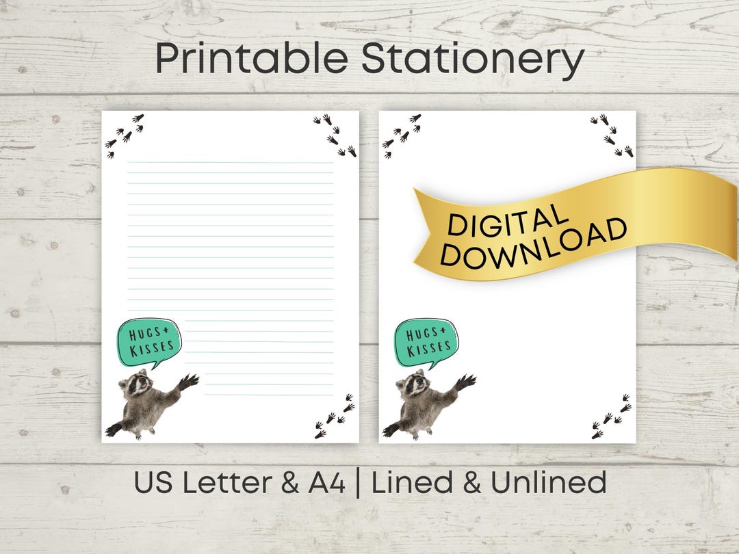 Cute Raccoon PRINTABLE STATIONERY, 8.5x11/a4 Sizes, Lined/unlined, Pen ...