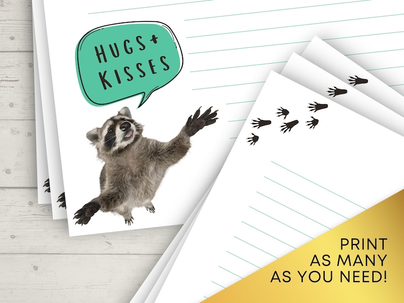 Cute Raccoon PRINTABLE STATIONERY, 8.5x11/a4 Sizes, Lined/unlined, Pen ...