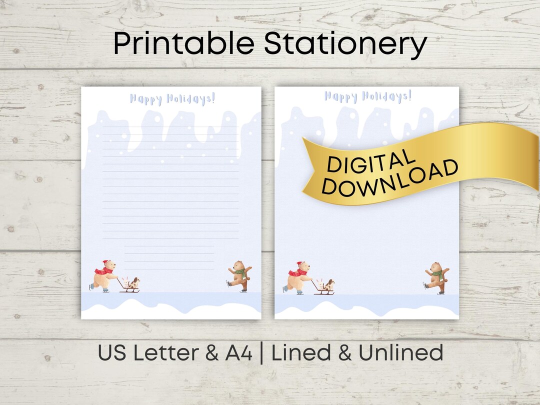 Ice Skating Bears PRINTABLE STATIONERY, 8.5x11/a4, Lined/unlined ...