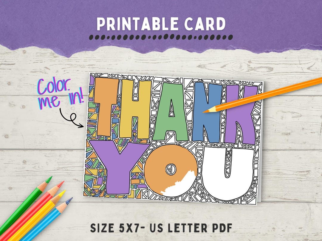 Color-in PRINTABLE Thank You Card, Hand-drawn Design, Coloring Card ...