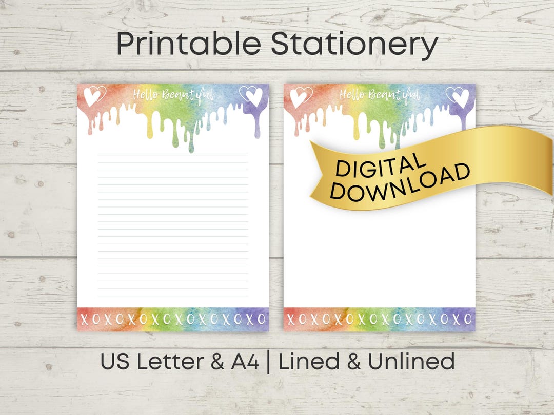 Rainbow PRINTABLE STATIONERY, Watercolor, 8.5x11/a4 Sizes, Lined ...