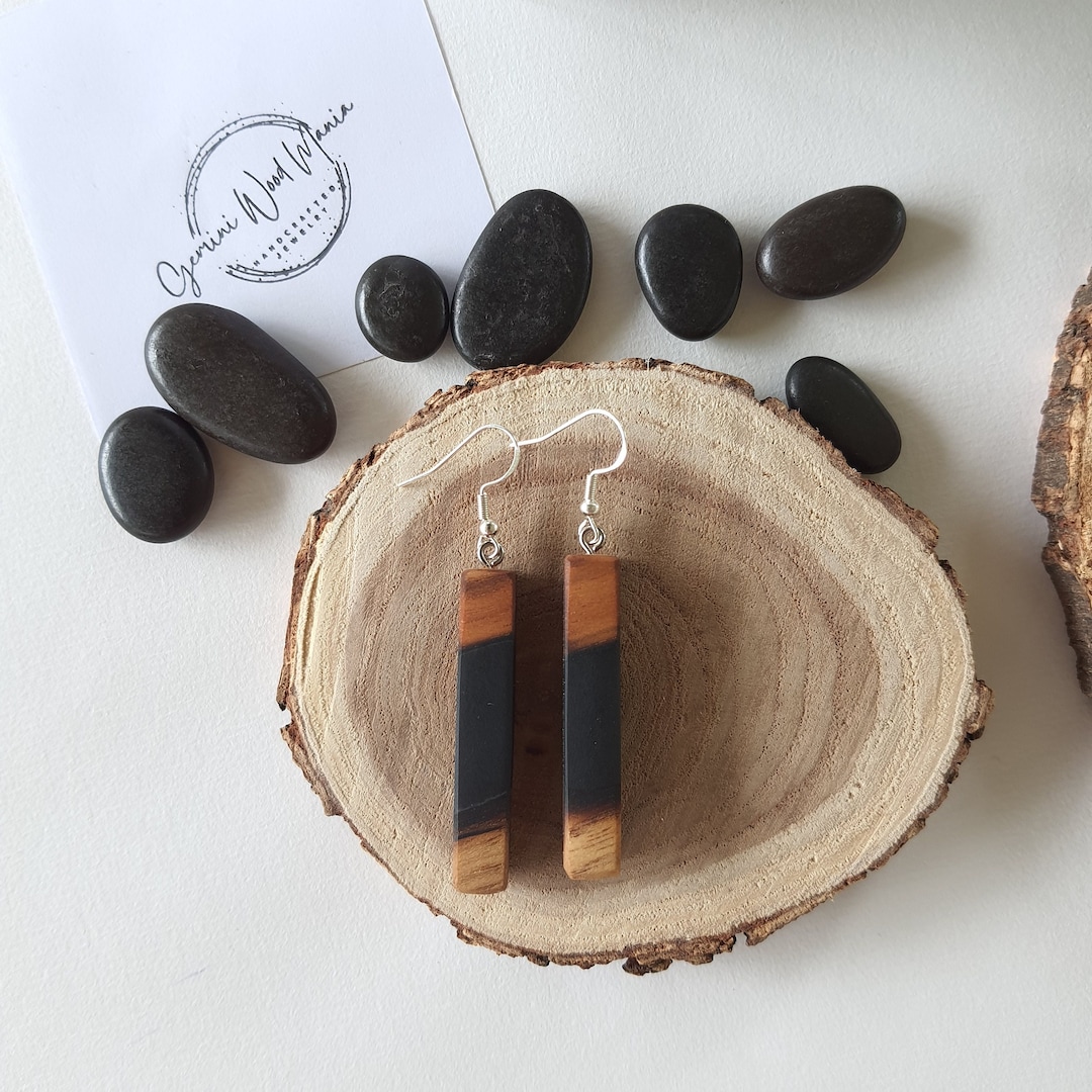 Matte Charcoal Black Bar Teak Wood Earrings | Handmade From REAL Wood ...