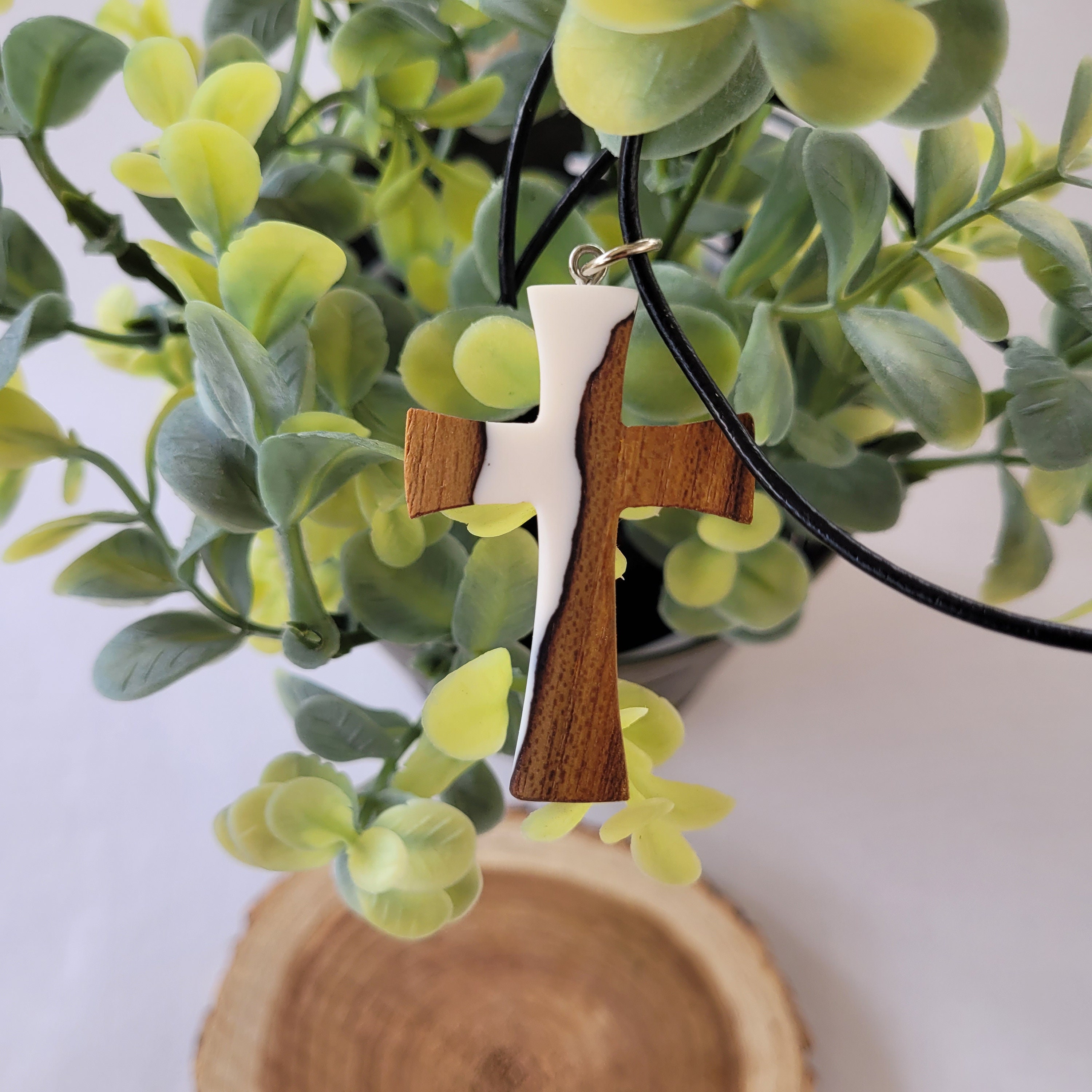 Classic Teak Wood Cross Pendant With Matte White Epoxy , Cross Necklace ...