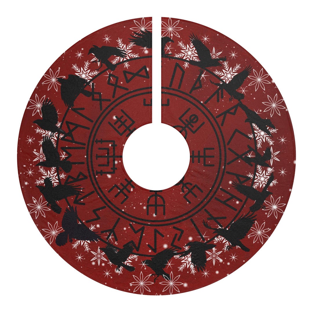 Norse Runes Raven Wreath Christmas Tree Skirt | Red Pagan Holiday Decor ...