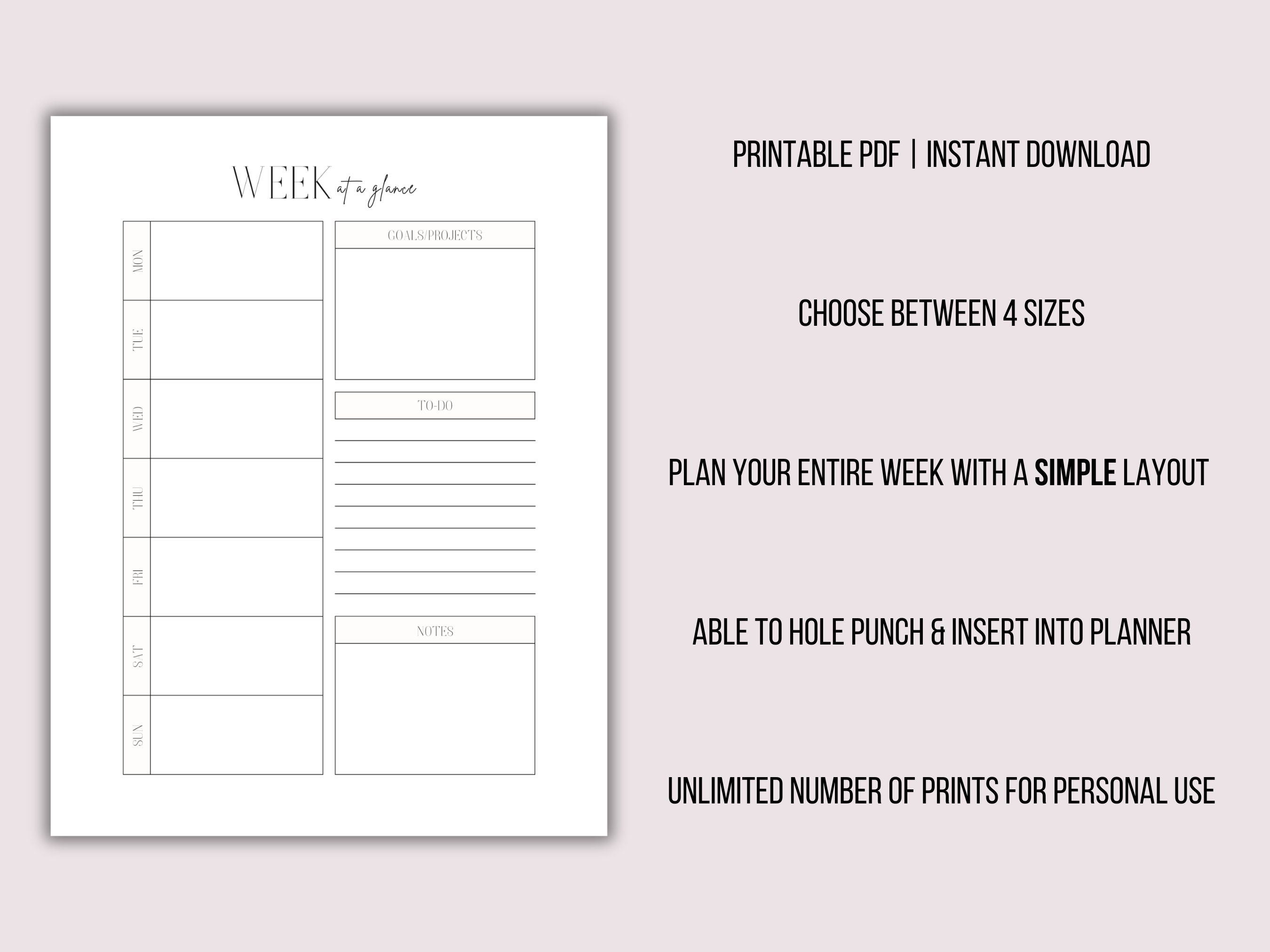 Minimalist Weekly Planner, Simple, PDF, Printable, Digital PDF, Instant ...