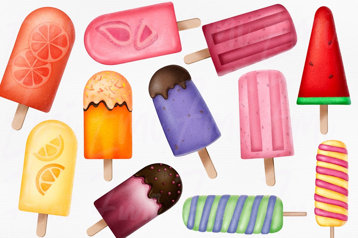 22 Ice Cream Popsicle Clipart PNG Bundle, Watercolor Popsicles Clipart ...