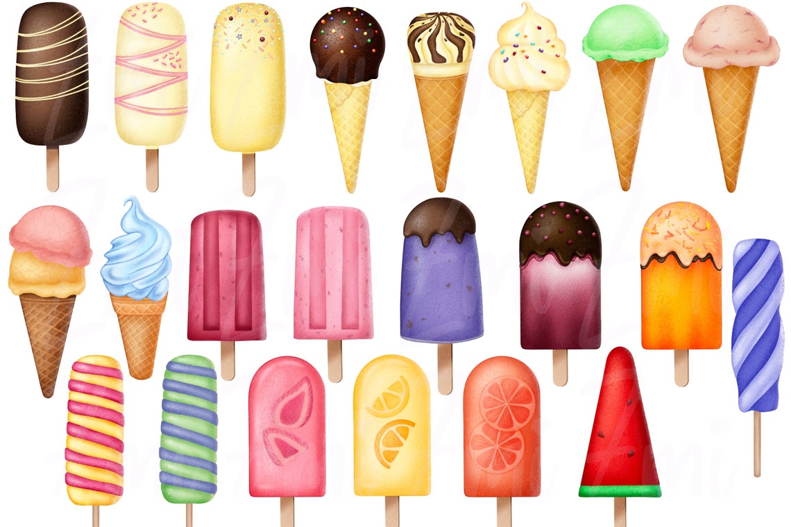 22 Ice Cream Popsicle Clipart PNG Bundle, Watercolor Popsicles Clipart ...