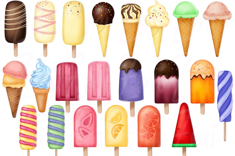 22 Ice Cream Popsicle Clipart PNG Bundle, Watercolor Popsicles Clipart ...
