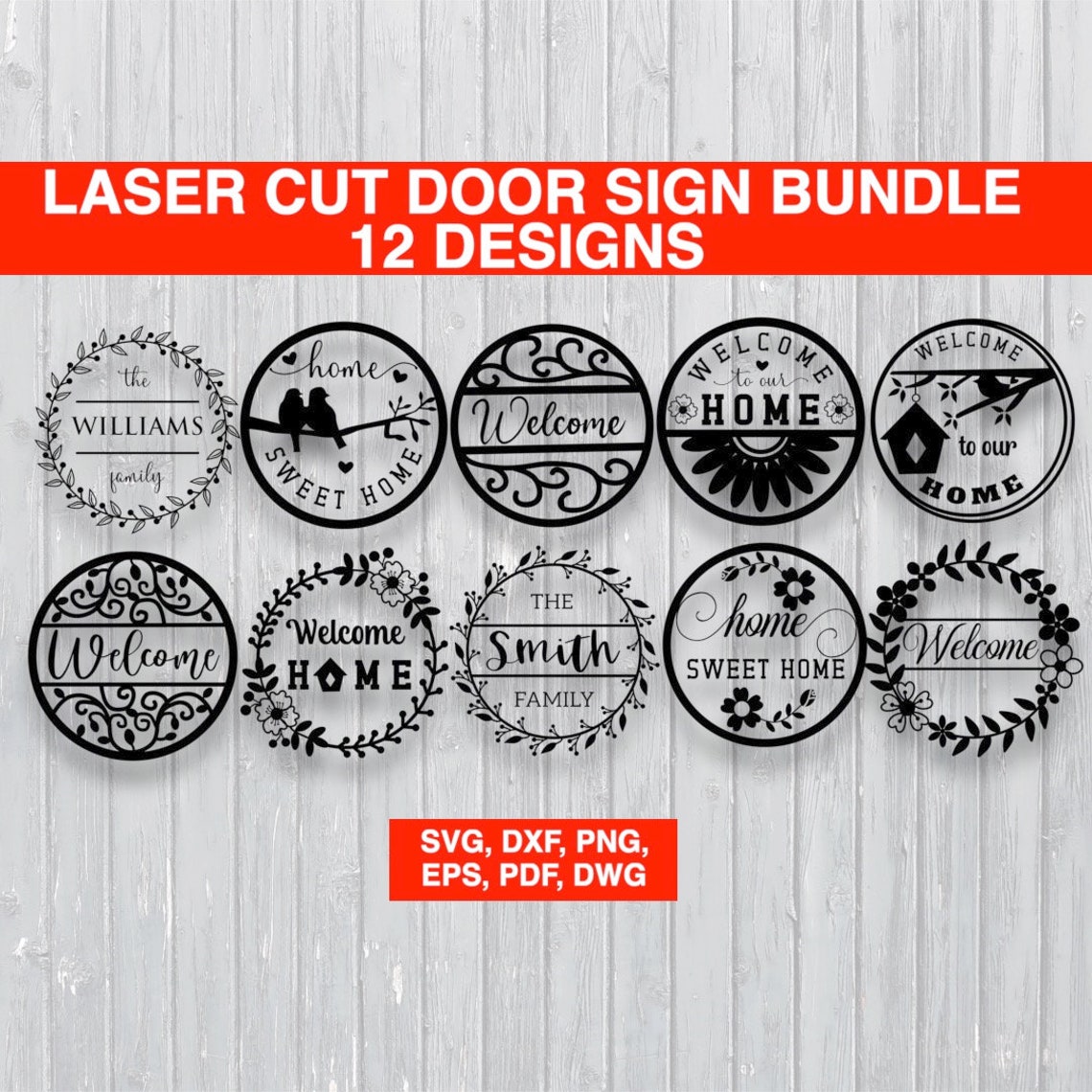 Laser Cut Round Door Sign SVG Bundle, Home Sweet Home Laser Cut File ...