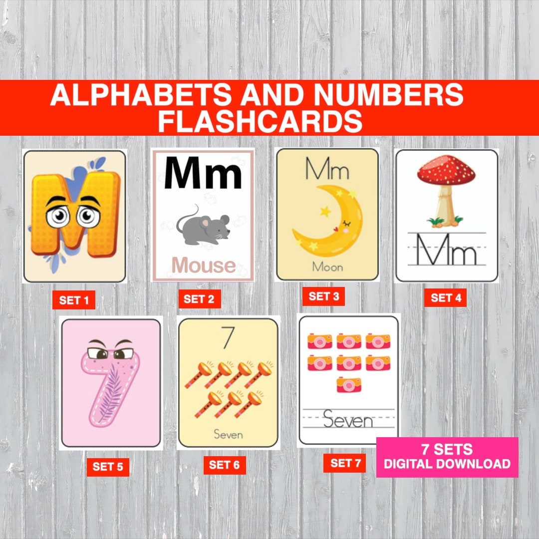 Alphabets and Numbers Flashcards Set, Montessori Flashcards, Pre-school ...
