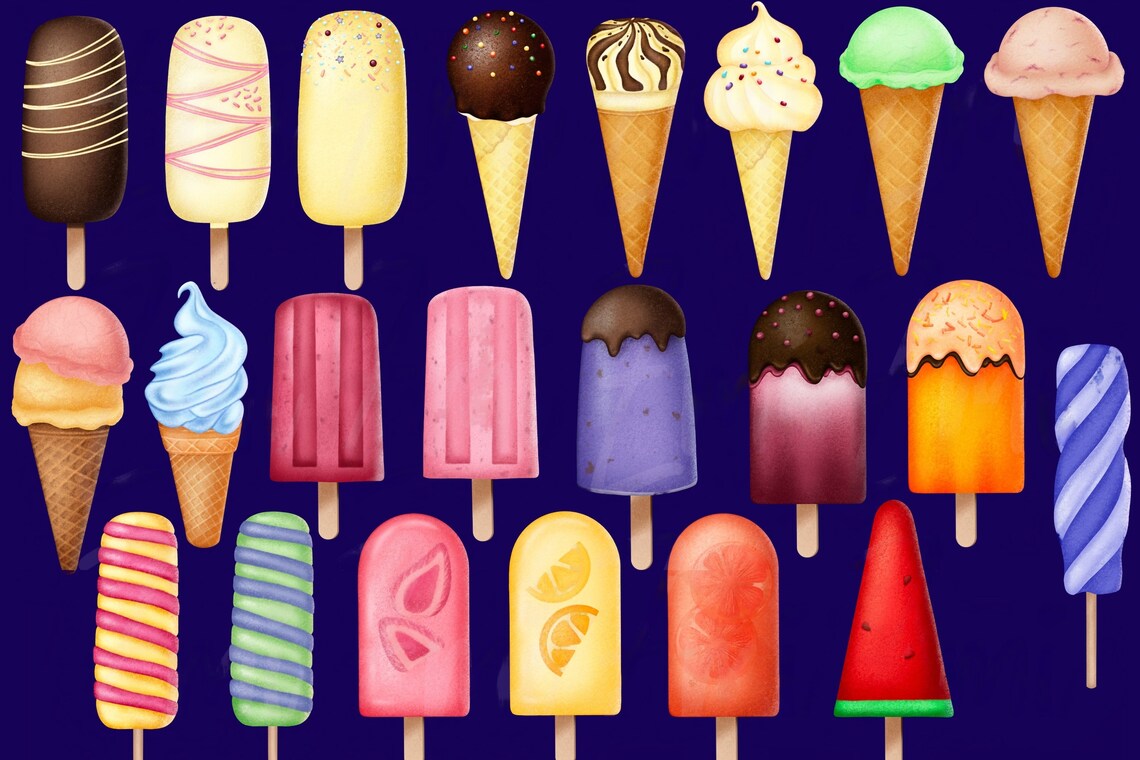 22 Ice Cream Popsicle Clipart PNG Bundle, Watercolor Popsicles Clipart ...