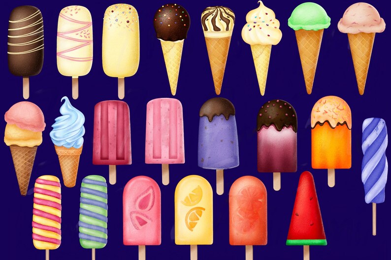 22 Ice Cream Popsicle Clipart PNG Bundle, Watercolor Popsicles Clipart ...