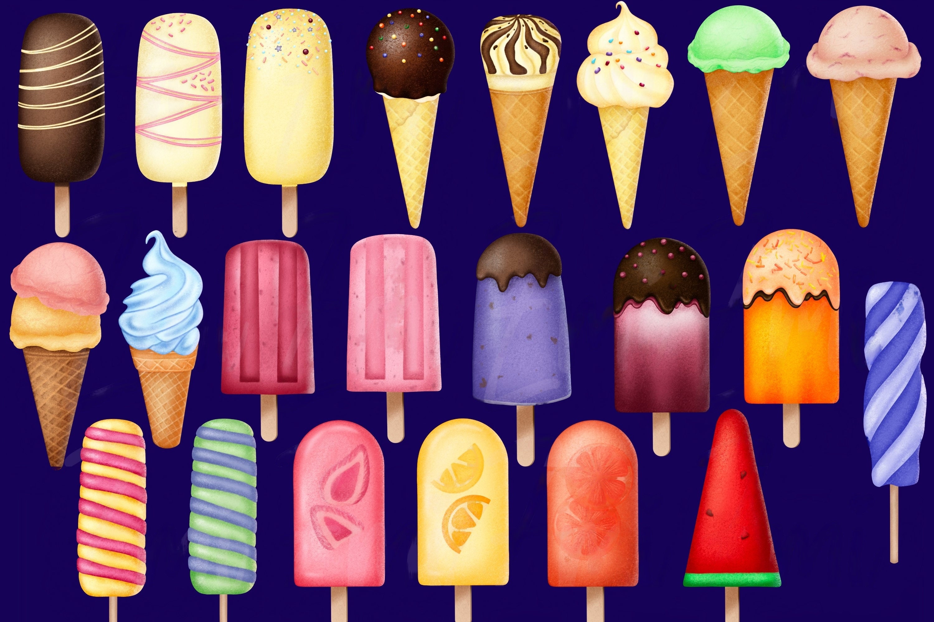 22 Ice Cream Popsicle Clipart PNG Bundle, Watercolor Popsicles Clipart ...