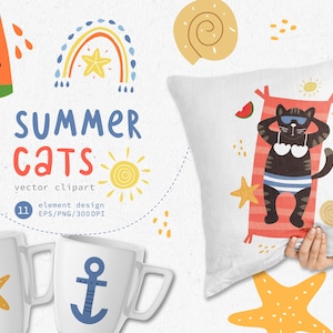 Summer Cats Clipart PNG Bundle, Funny Cats Clipart PNG, Cute Cat ...