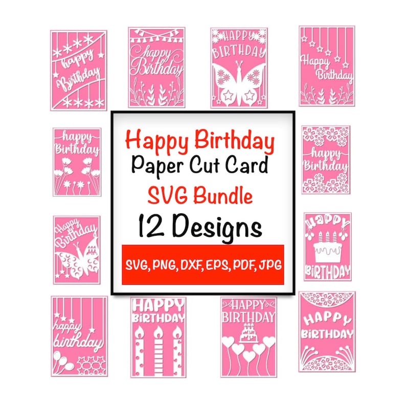 Happy Birthday Paper Cut Card SVG Bundle, Happy Birthday Card Papercut ...