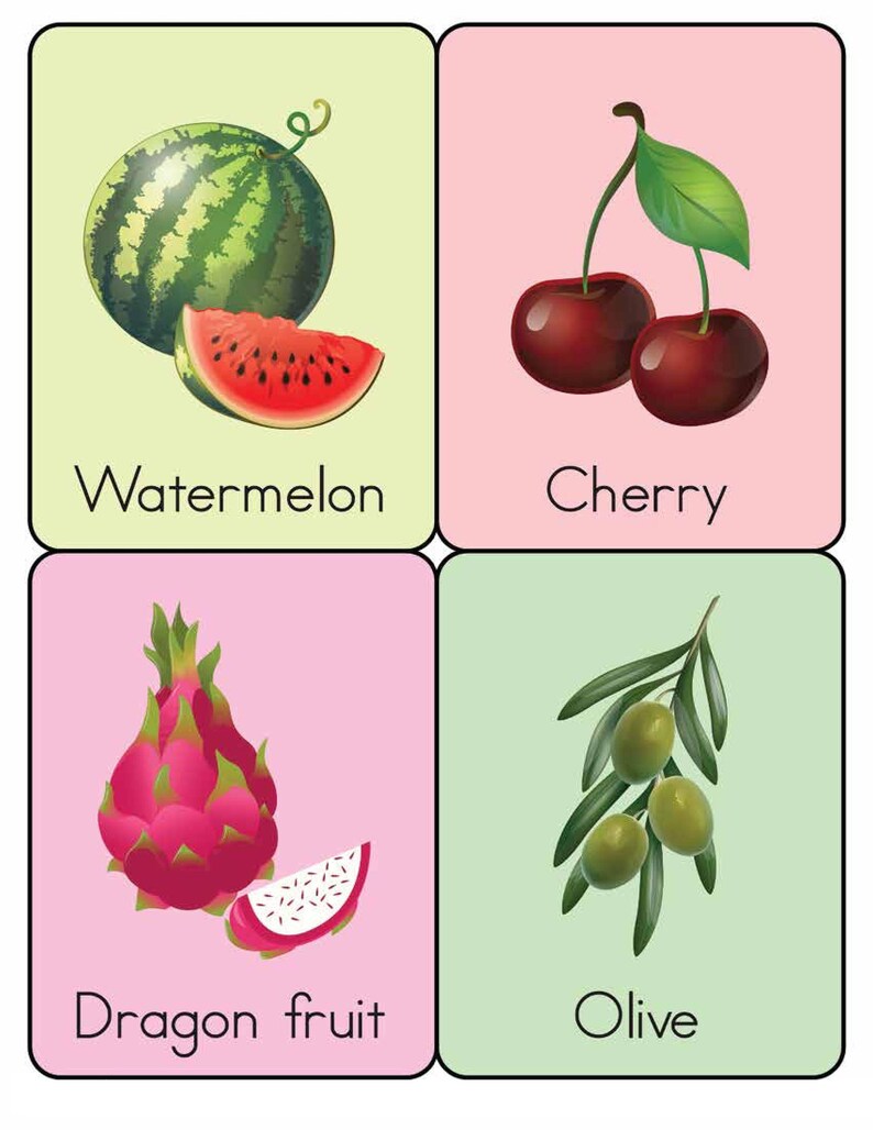 100 Fruits Vegetables Plants Trees and Flowers Flashcards, Montessori ...