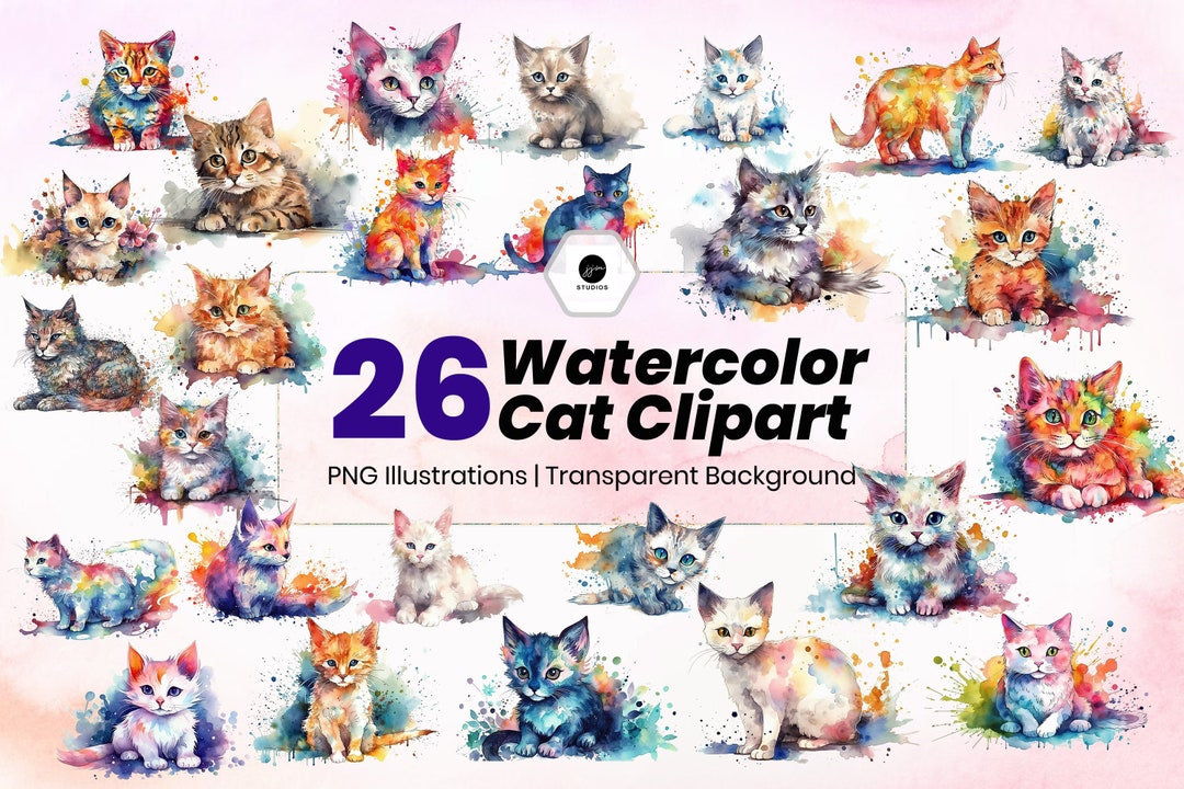 Watercolor Cat Clipart PNG Bundle, Watercolor Kitten Clipart Bundle ...