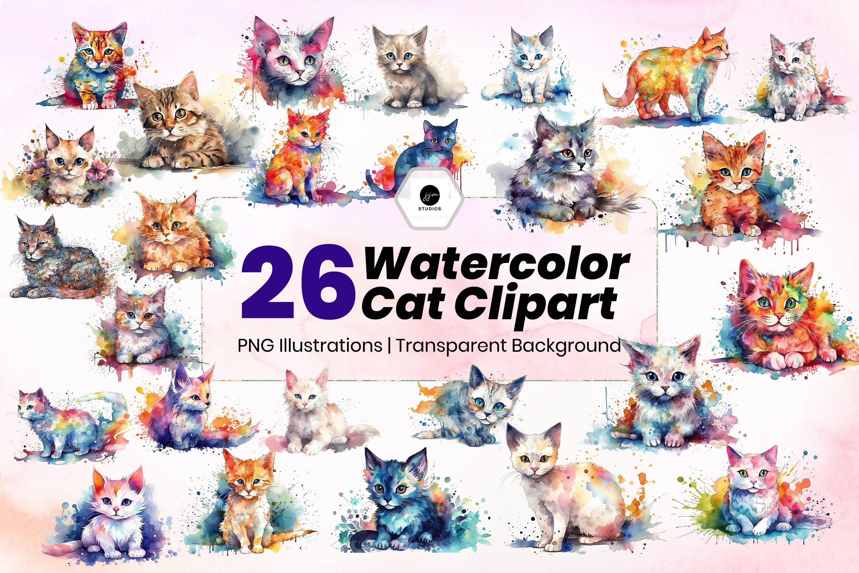 Watercolor Cat Clipart PNG Bundle, Watercolor Kitten Clipart Bundle ...
