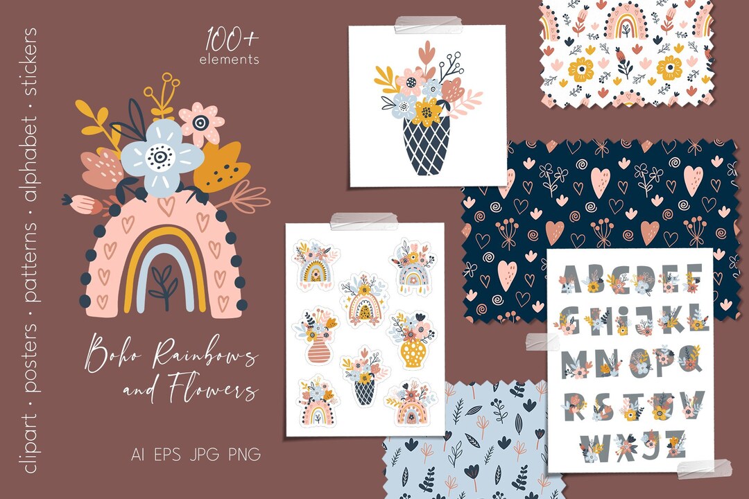 Boho Rainbow Floral Clipart Bundle: Alphabet, Posters, Stickers ...