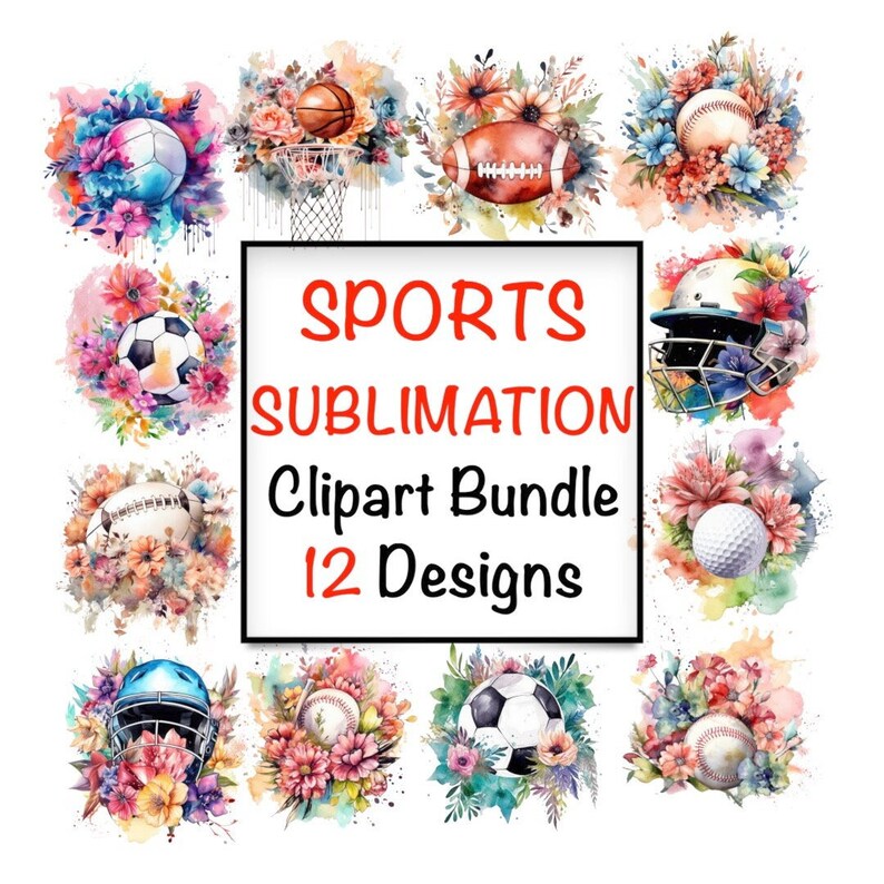 Floral Watercolor Sports Clipart Bundle: Sublimation PNG (digital ...