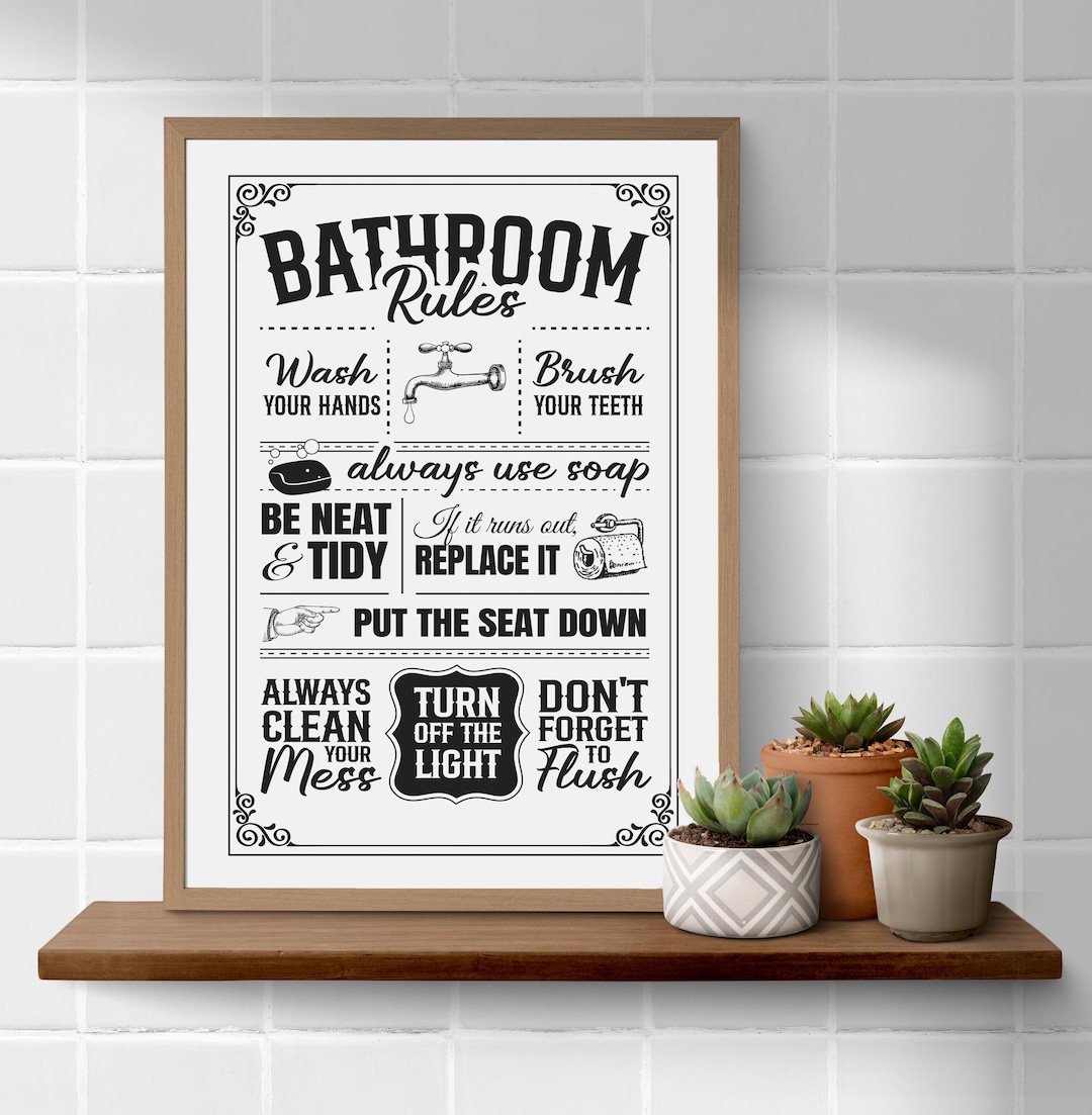 Bathroom Rules Poster, Bathroom Wall Art, Bathroom Rules Sign, Vintage ...