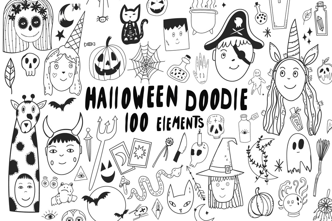 Halloween Doodles Clipart Bundle, Spooky Cute, Hand Drawn Doodle ...