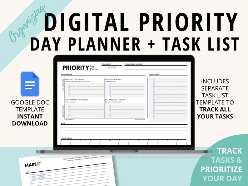 Priority Day Planner + Task List | Digital Google Docs Template ...