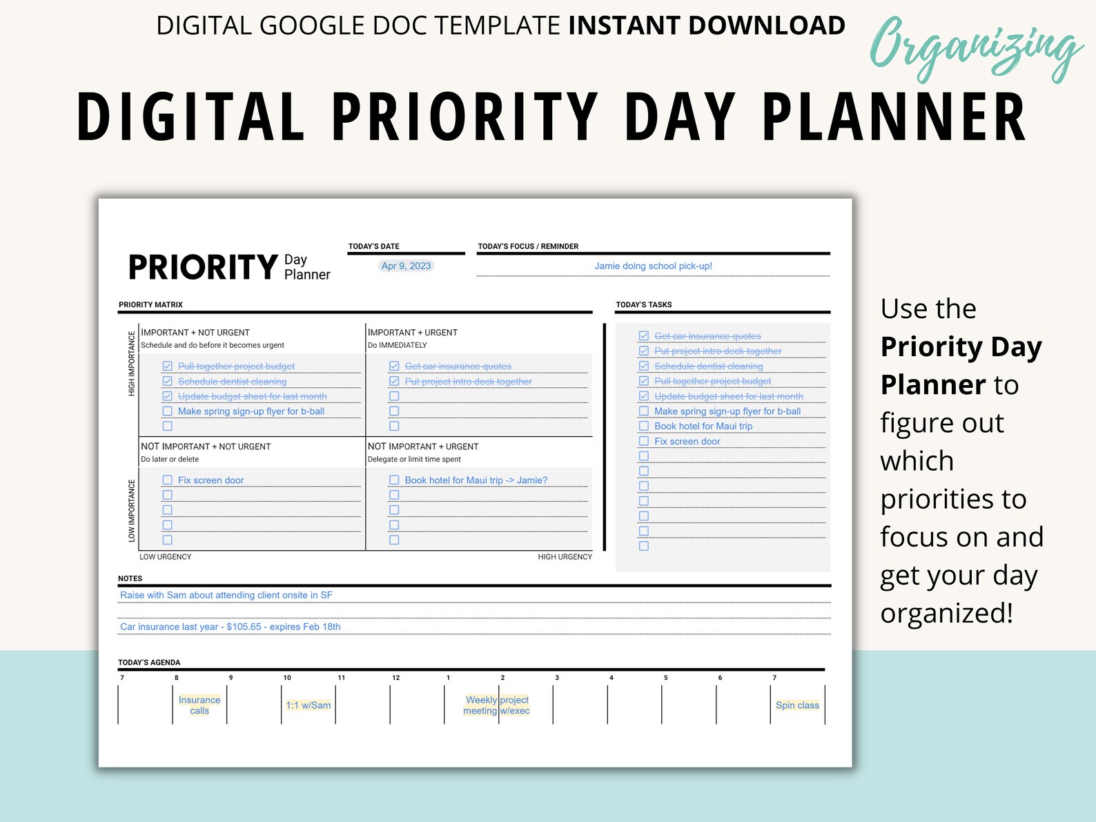 Priority Day Planner + Task List | Digital Google Docs Template ...