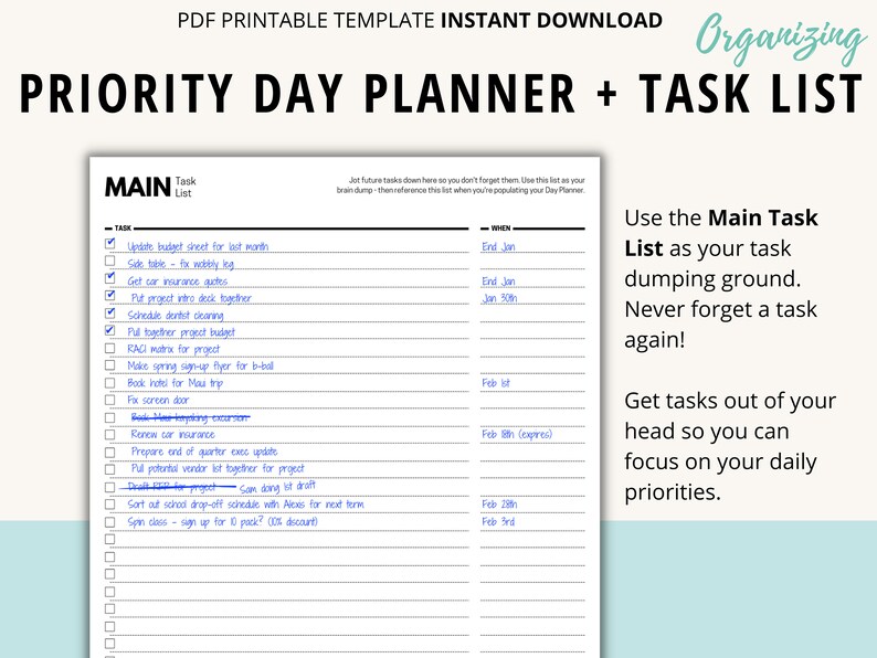 Priority Day Planner Task List PDF Printable Priority Matrix Planning ...
