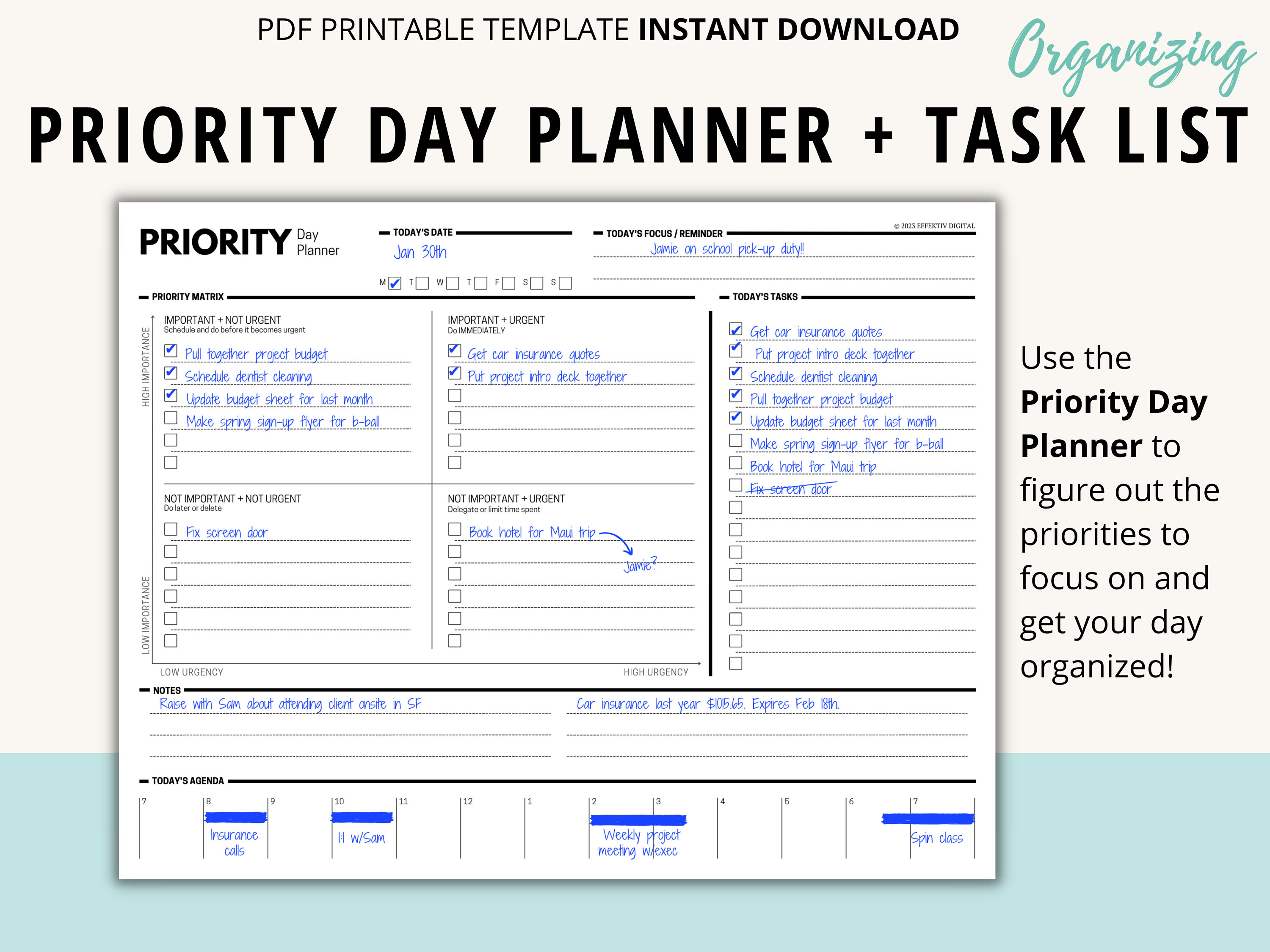 Priority Day Planner Task List PDF Printable Priority Matrix Planning ...