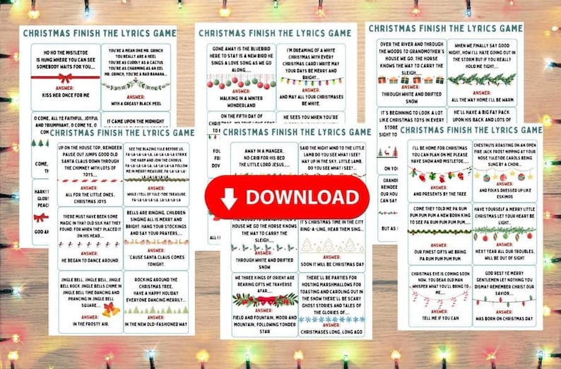 Printable Finish the Merry Christmas Song Lyrics Game! 36 Cards Instant ...
