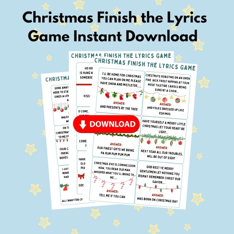 Printable Finish the Merry Christmas Song Lyrics Game! 36 Cards Instant ...