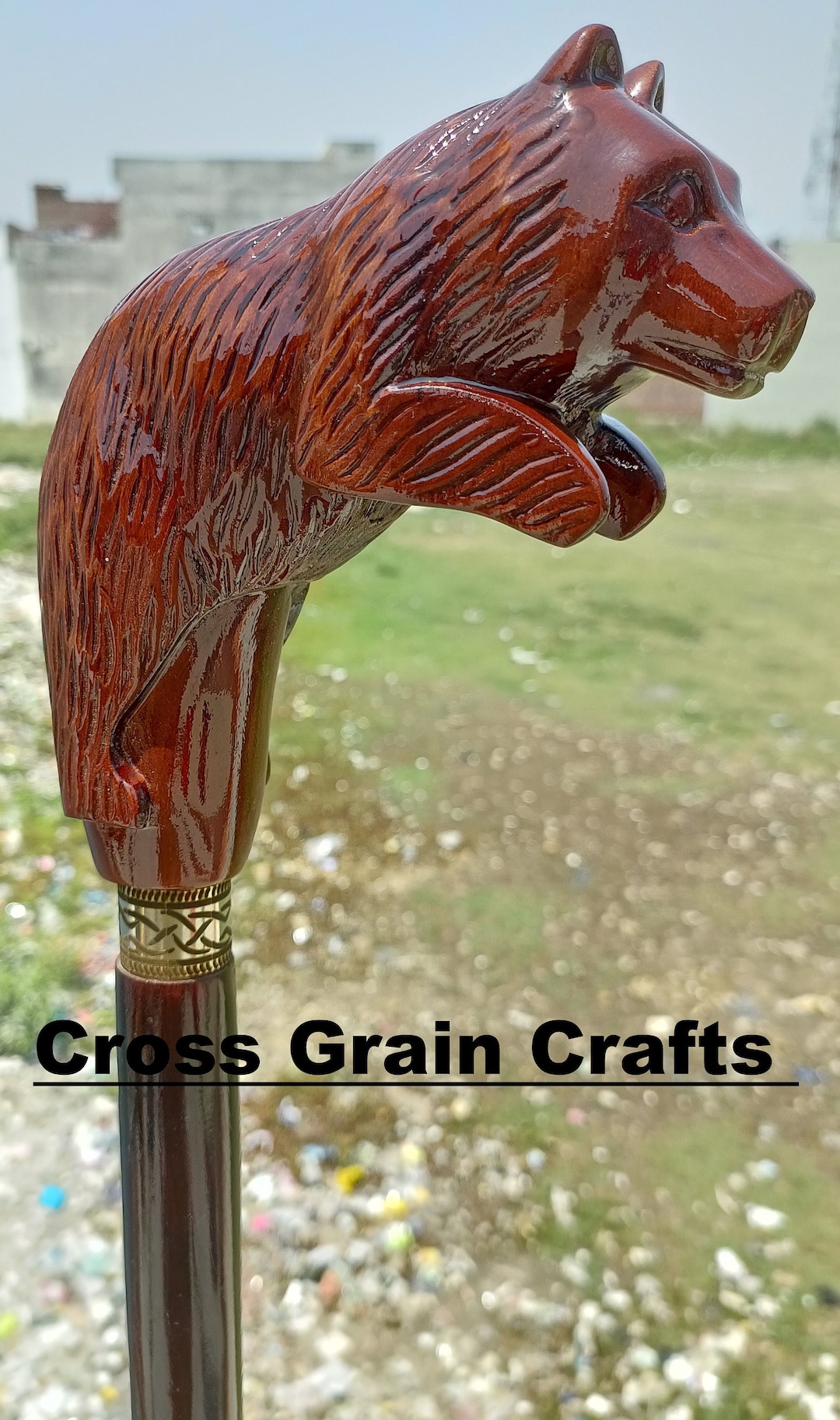 Bear Head Handle Wooden Walking Stick Walking Cane Bear Fantasy Walking ...