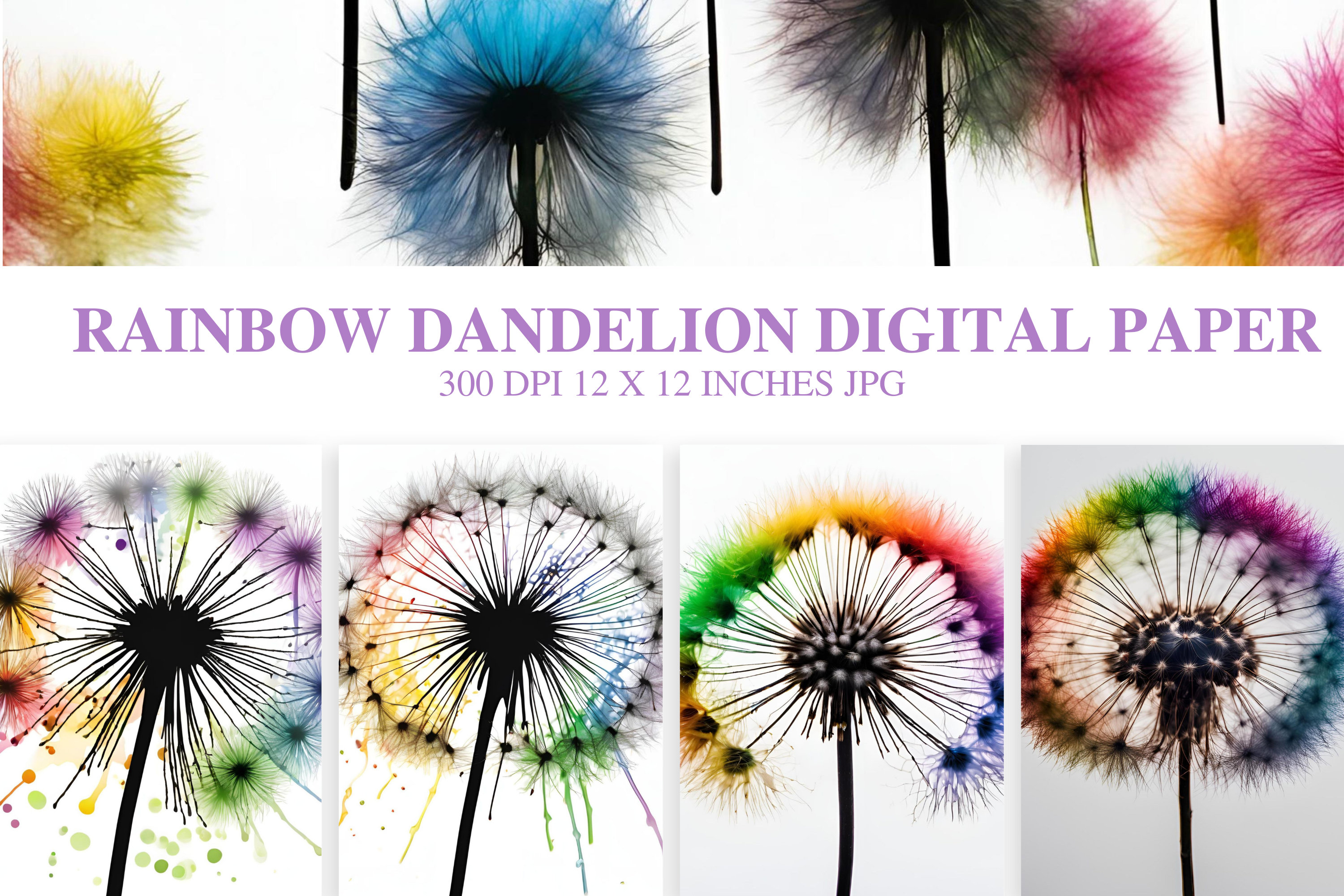 Rainbow Dandelion Digital Paper Pack || Colorful Scrapbook Paper ...