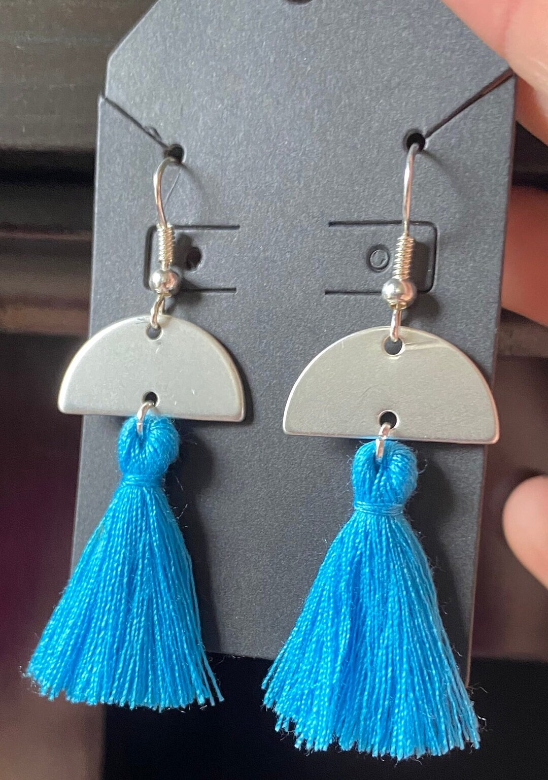 Blue Silver Semi Circle Single Fringe Tassel Earrings - Etsy