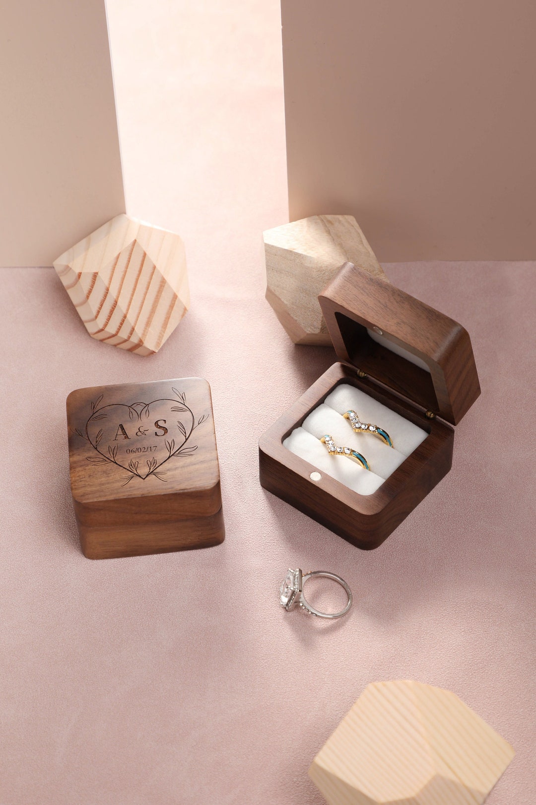 Personalized Wedding Ring Box, Engrave Wooden Square Ring Box, Square Walnut Ring Box, Double ...