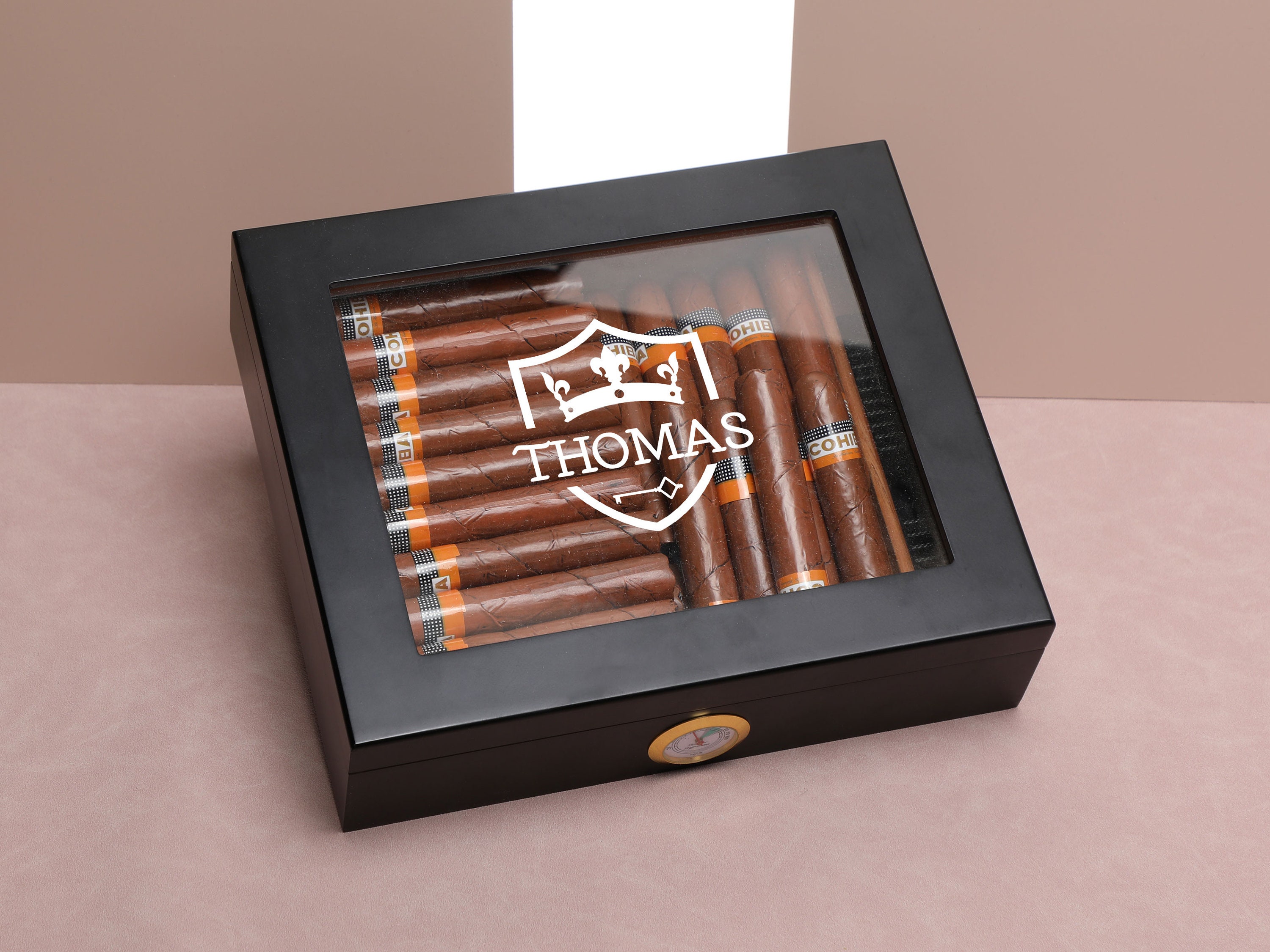 Personalized Cigar Set Black Glass Top Vintage Humidor Engraving ...