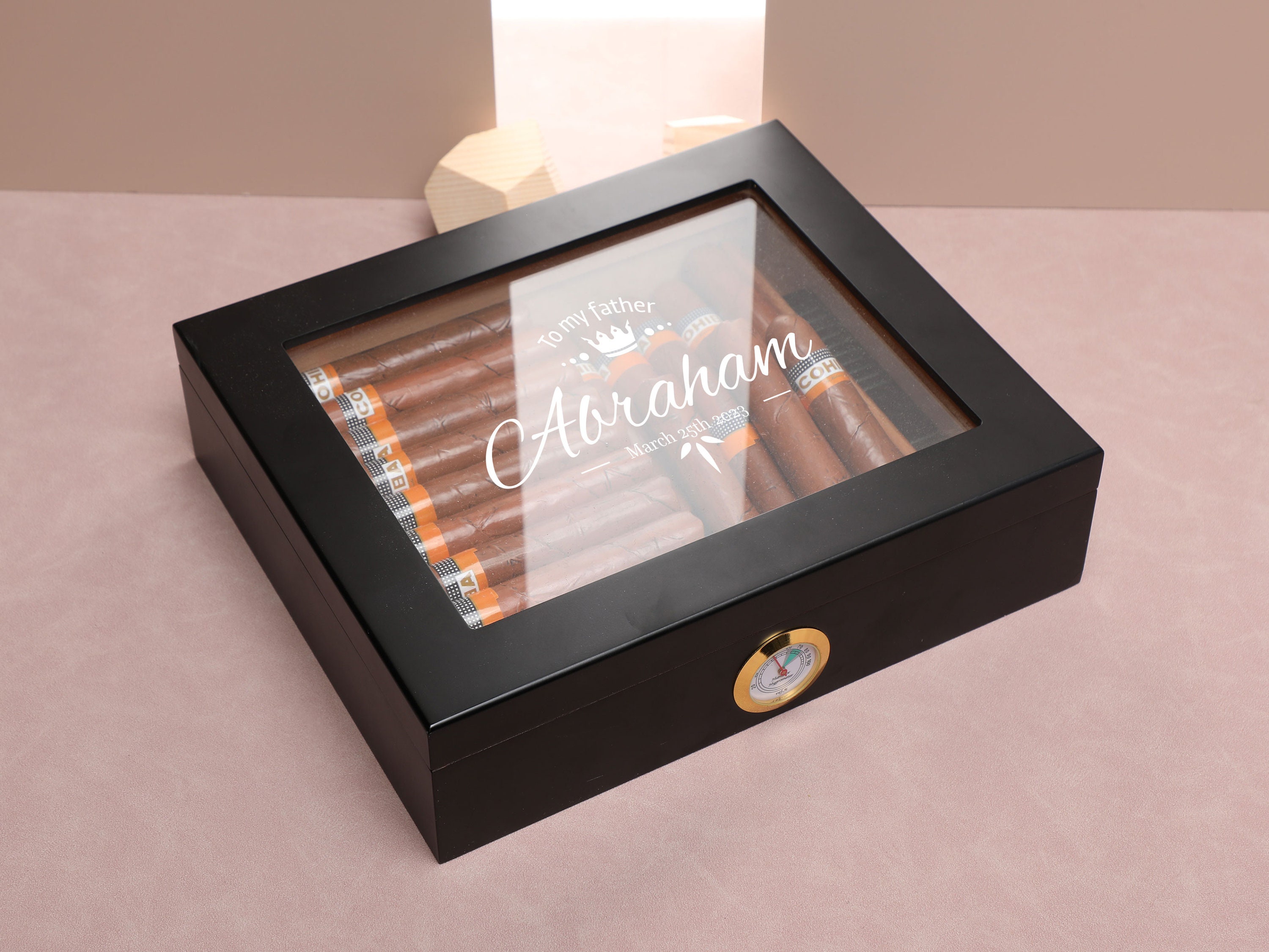 Personalized Cigar Set Black Glass Top Vintage Humidor Engraving ...