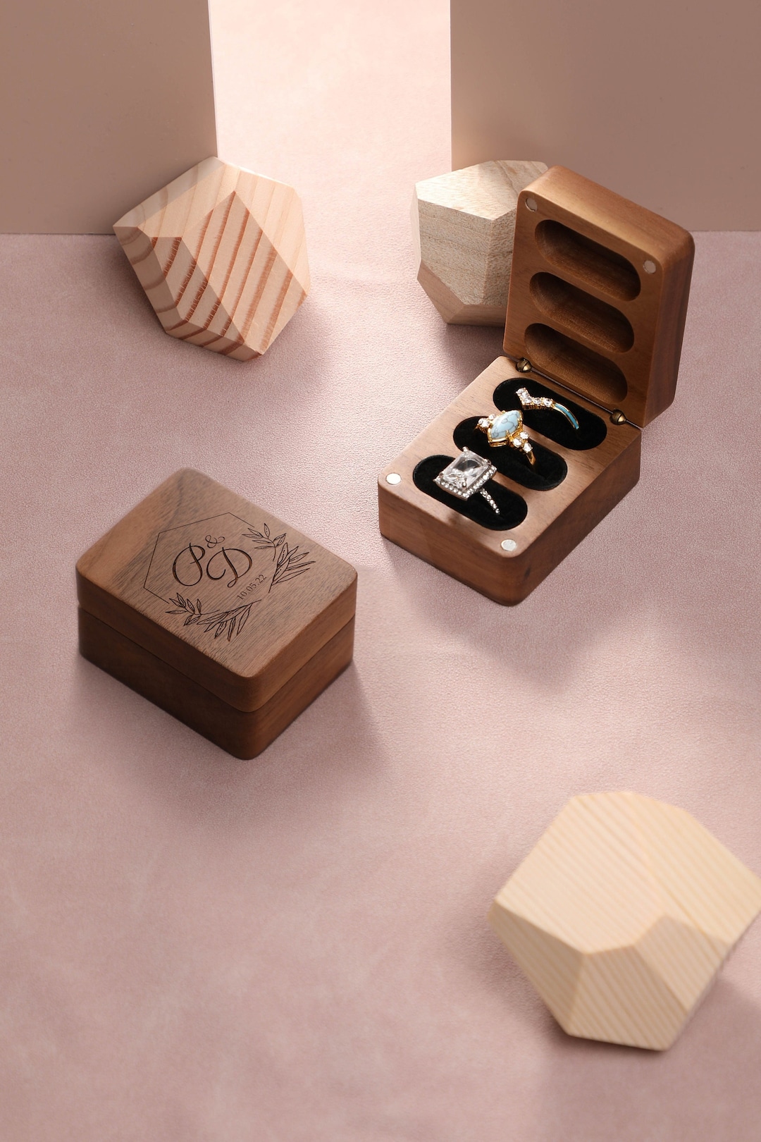 Customize Wedding Ring Box, 3 Slot, Vintage Wooden 3 Ring Box, Wedding ...