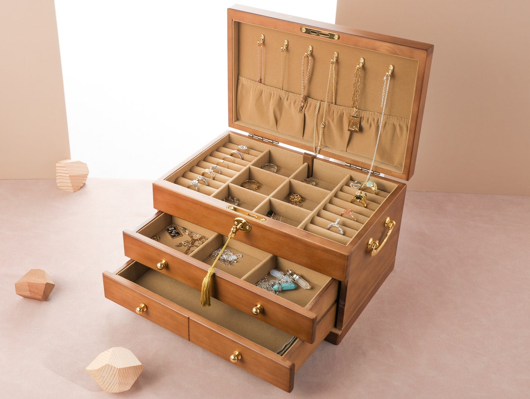 Wooden Jewelry Box, Large Jewelry Organizer Storage With Lock, Jewelry ...
